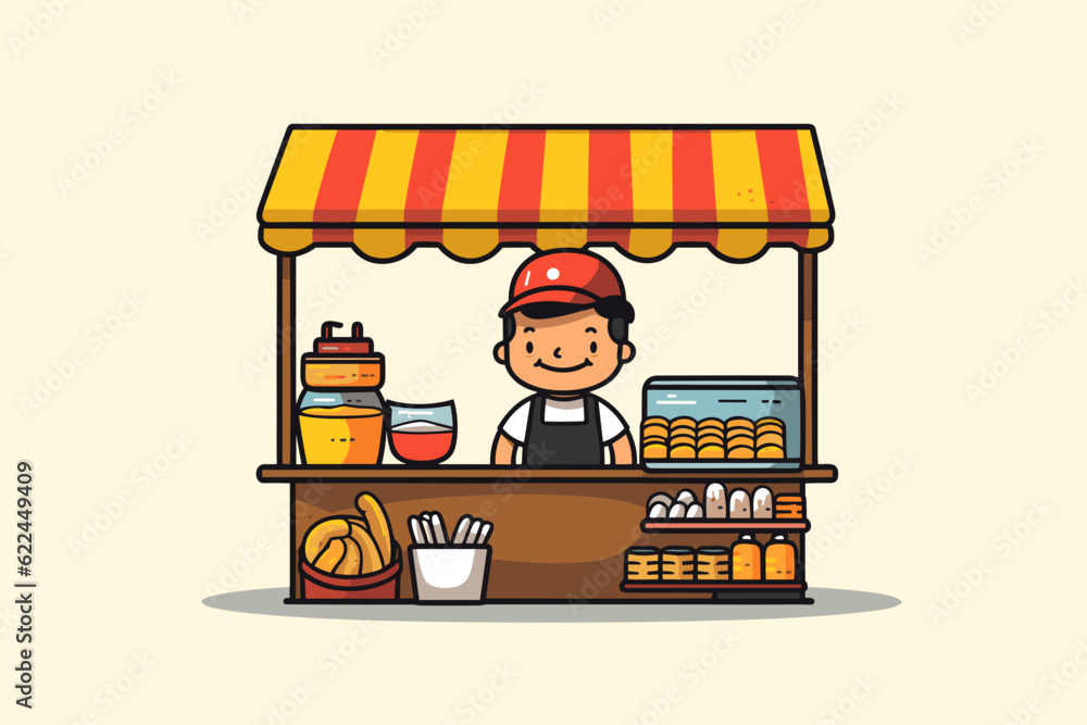 Doodle inspired Food stall vendor, cartoon sticker, sketch, vector ...