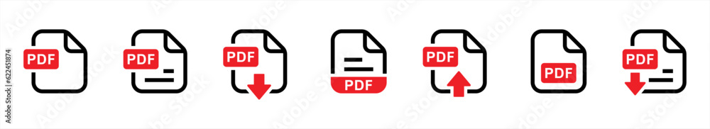 PDF file format icon set in line style. Format information, Document ...