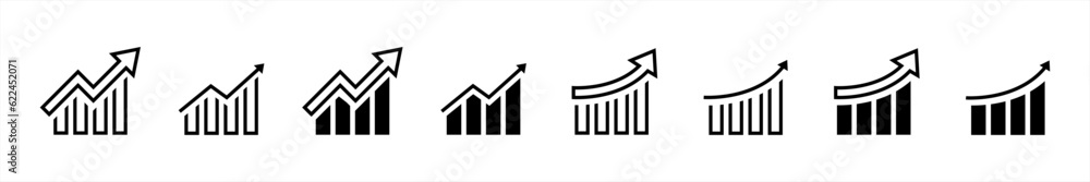 Growing graph icon set in line style. Business chart with arrow ...