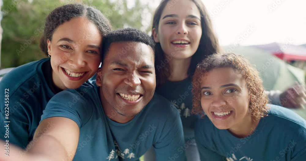 Face, selfie and happy friends camping in nature, bonding and taking ...