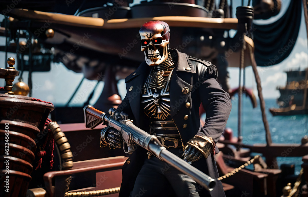 scary cyborg robot with steel skull red glowing eyes and bones wearing ...