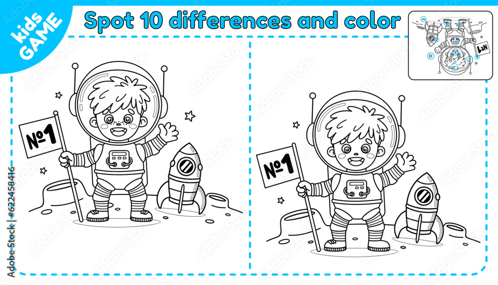 Kids game Spot the differences. Find different detail. Page of coloring ...