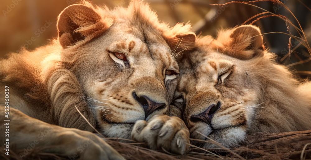 Majestic African lion couple loving pride of the jungle. Mighty wild ...