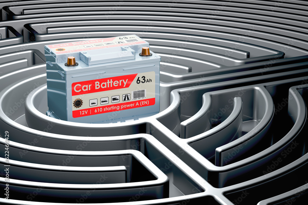 Car battery inside labyrinth maze. 3D rendering Stock Illustration ...