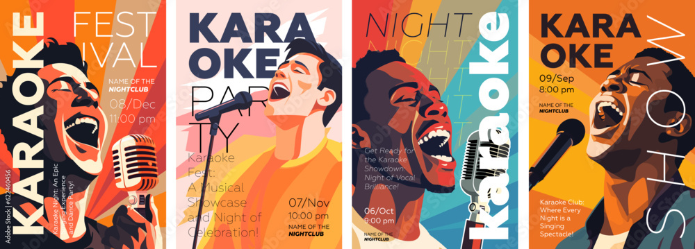 Karaoke party show poster set. Music night club festival drawing art ...