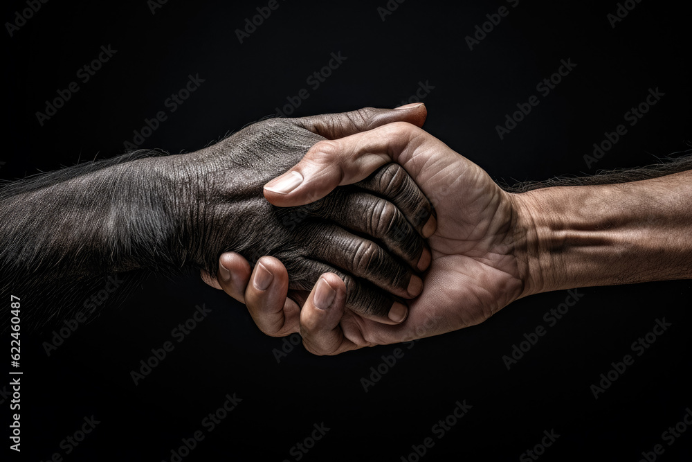 Human and primate ape monkey hand held together. Animals and people ...