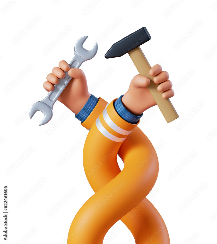 3d render, cartoon twisted flexible human hands hold spanner wrench and ...