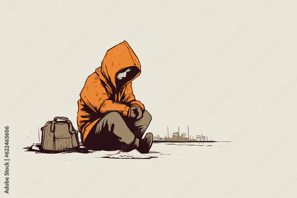 Doodle inspired Homeless, cartoon sticker, sketch, vector, Illustration ...