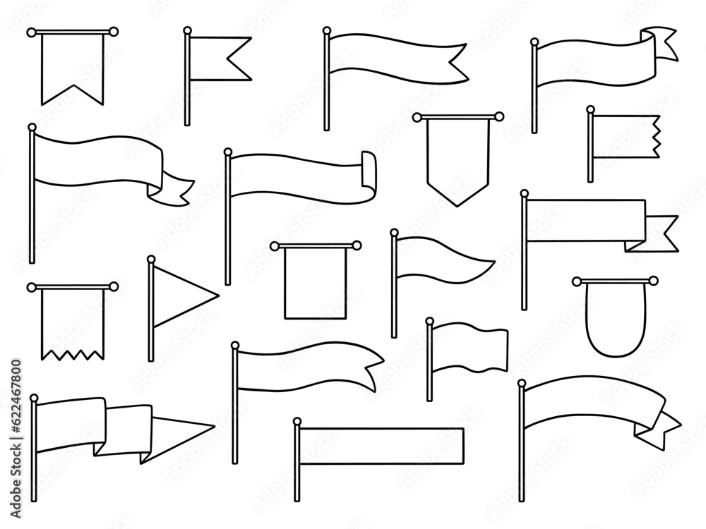 Flag doodle set. Decor and frames in sketch style. Hand drawn vector ...