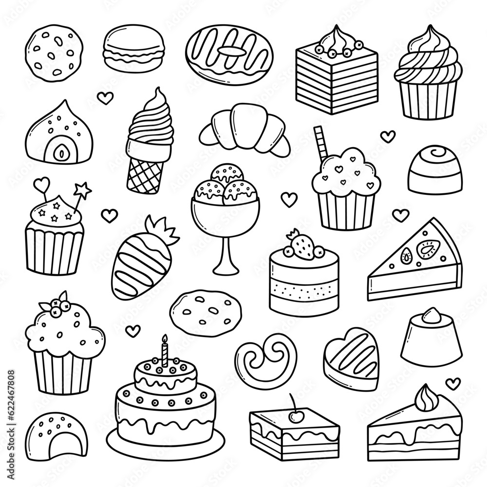 Desserts and sweets doodle set. Candies, chocolate, cakes, donut, ice ...