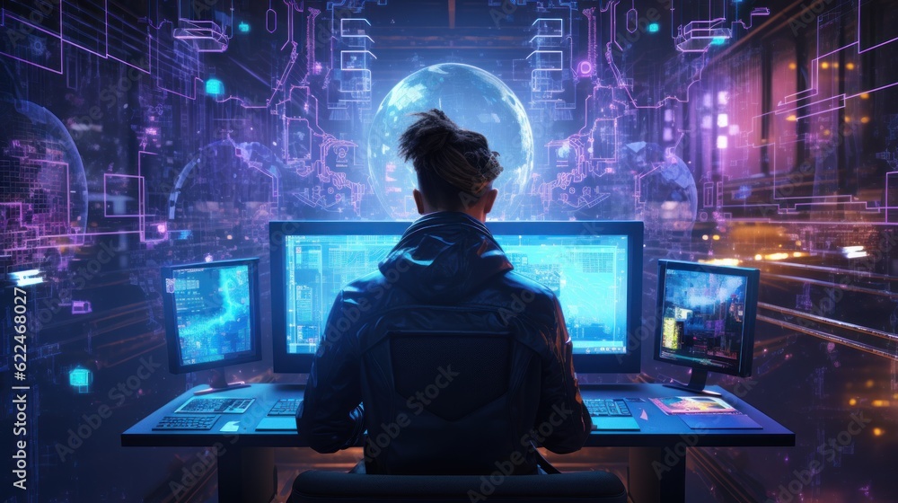 Depict a skilled cyberpunk hacker in a futuristic setting, surrounded by holographic interfaces ...