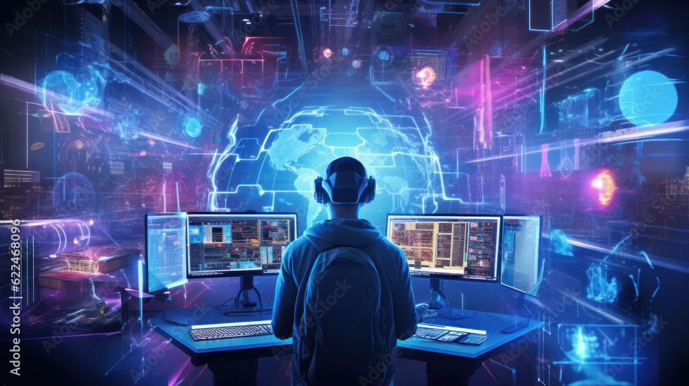 Depict a skilled cyberpunk hacker in a futuristic setting, surrounded ...