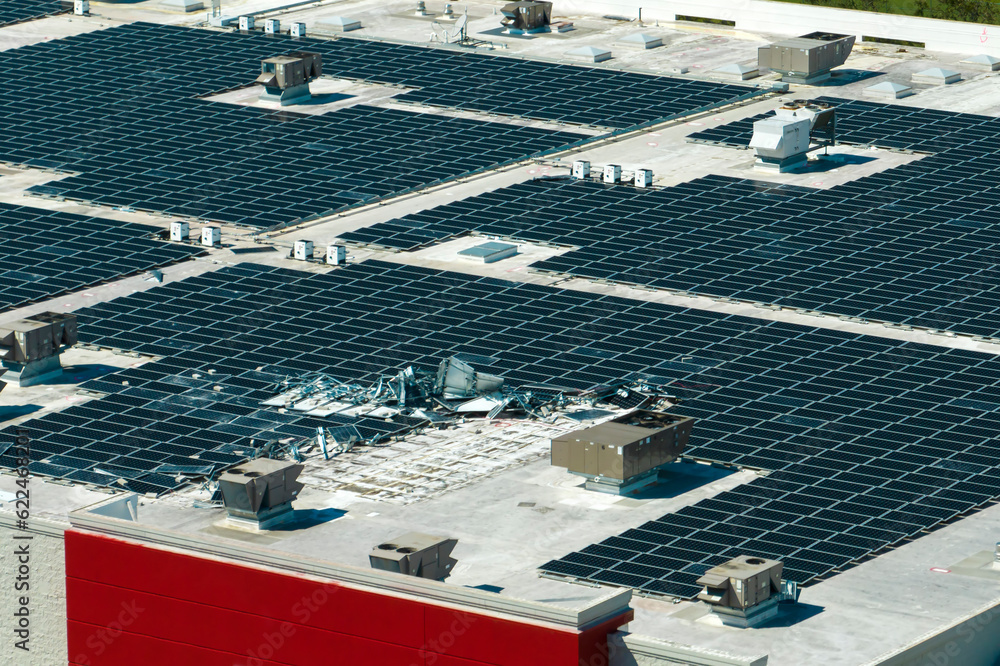 Top view of destroyed by hurricane Ian photovoltaic solar panels ...