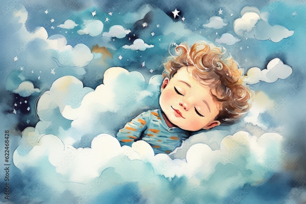 illustration of a small child sleeping on a cloud. AI generated Stock ...