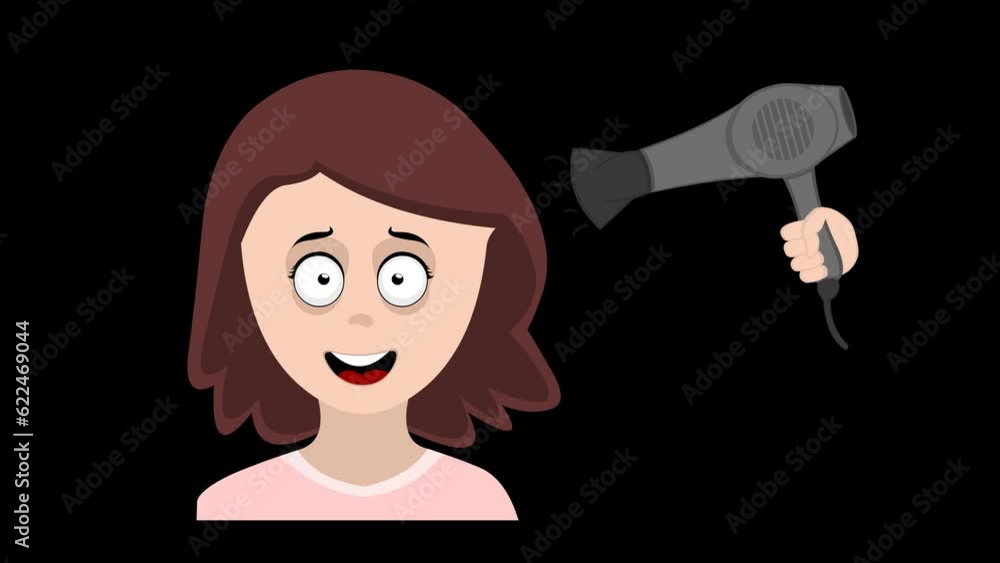 video animation woman cartoon drying hair with a hairdryer. On a ...