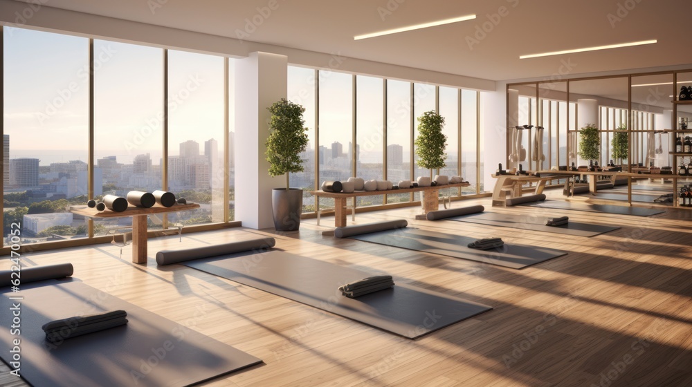 Fully equipped gym with floor to ceiling windows, offering panoramic ...