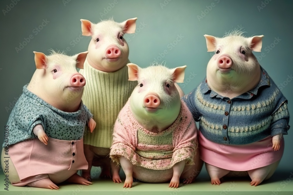 Group studio portrait of fat pigs in clothes , concept of Animal ...