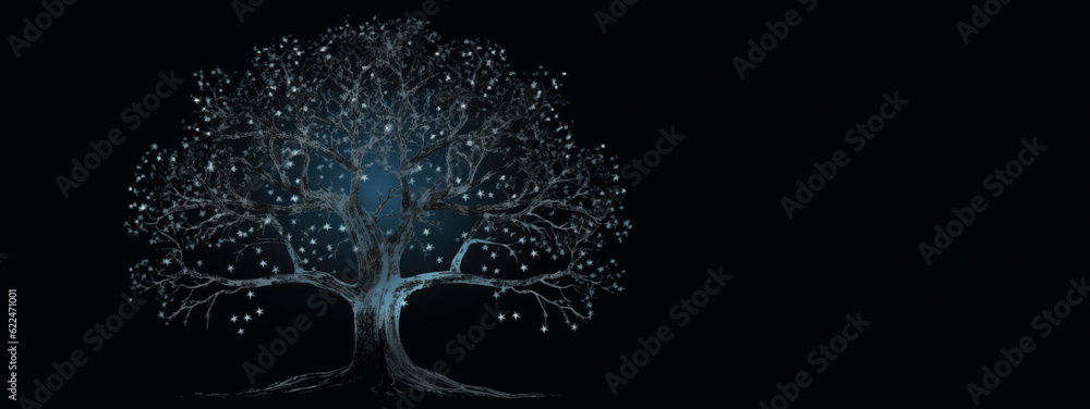 graphic drawing of a tree silhouette on a blue background.tree of life ...