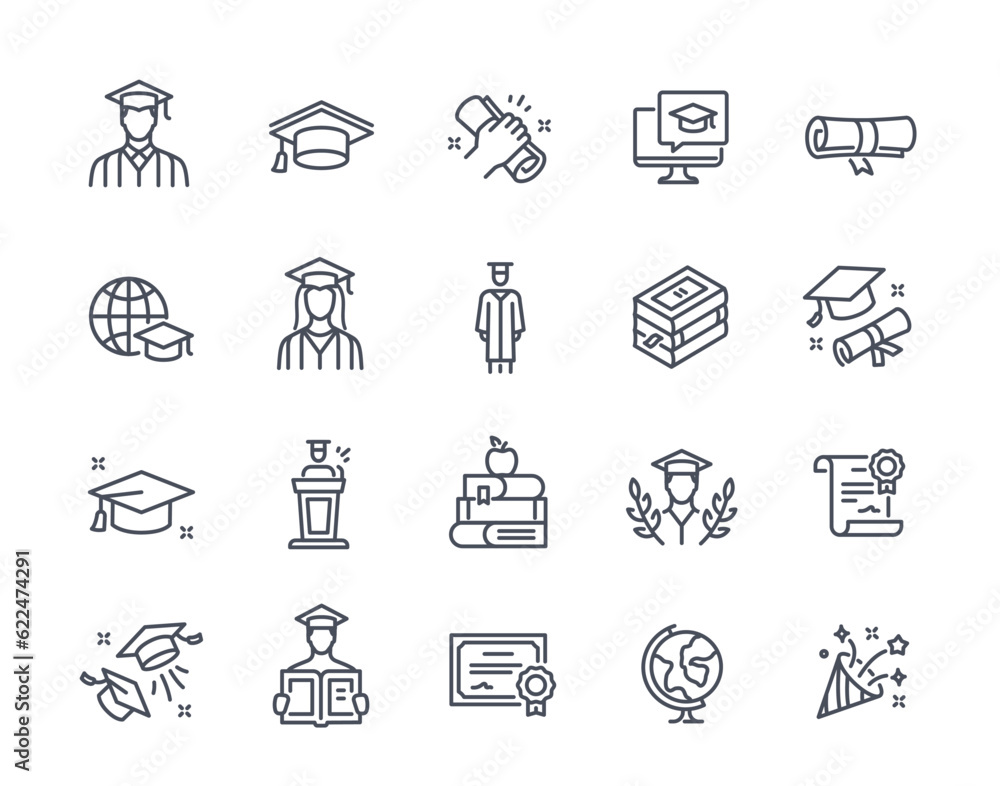 Graduation icons set. Outline education stickers with student in cap ...