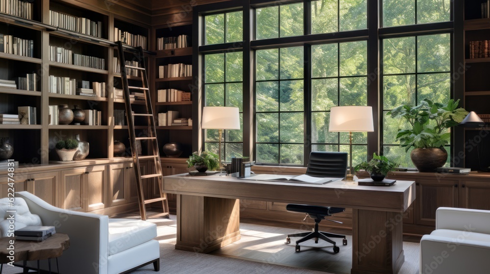 Stylish home office or library with custom built in bookshelves, comfortable seating, and ...
