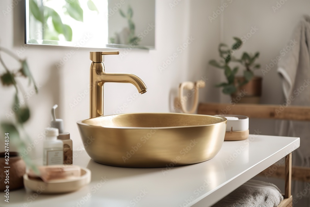 Brushed brass tap mixer on timber vanity with white basin bowl against ...