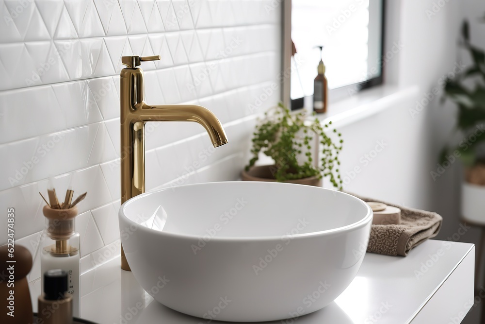 Brushed brass tap mixer on timber vanity with white basin bowl against ...