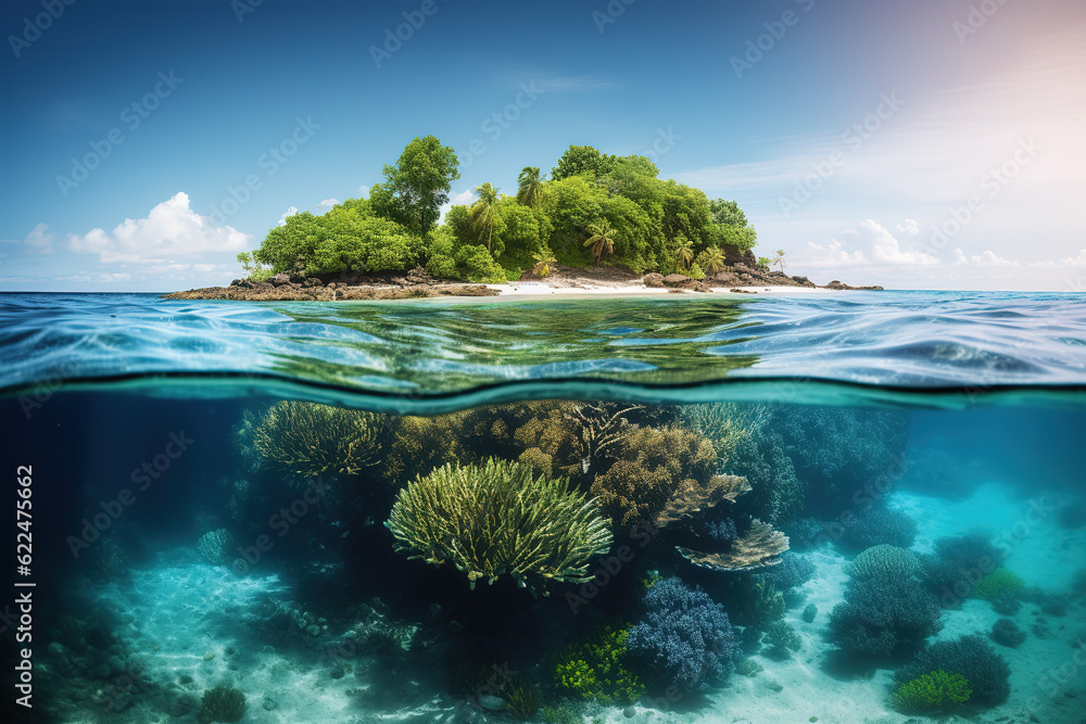 Tropical Island And Coral Reef. Split View With Waterline. Beautiful ...