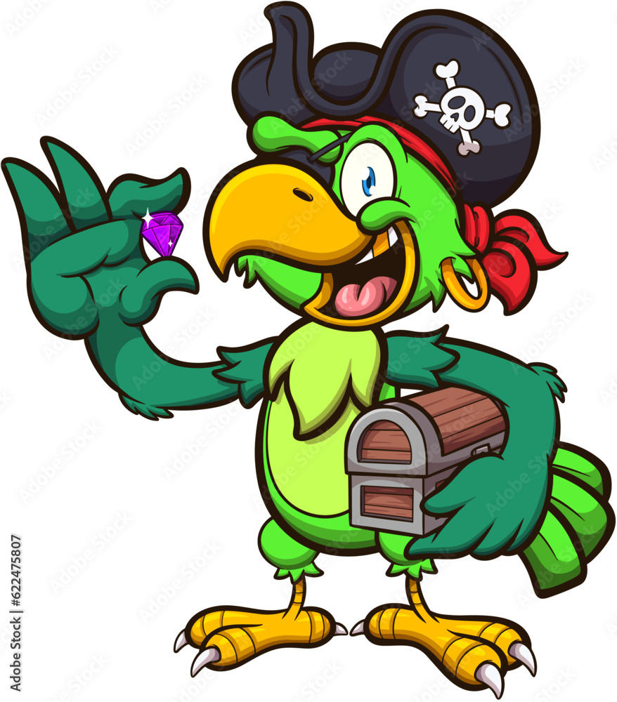 Cartoon Pirate Parrot With Treasure. Vector illustration with simple ...