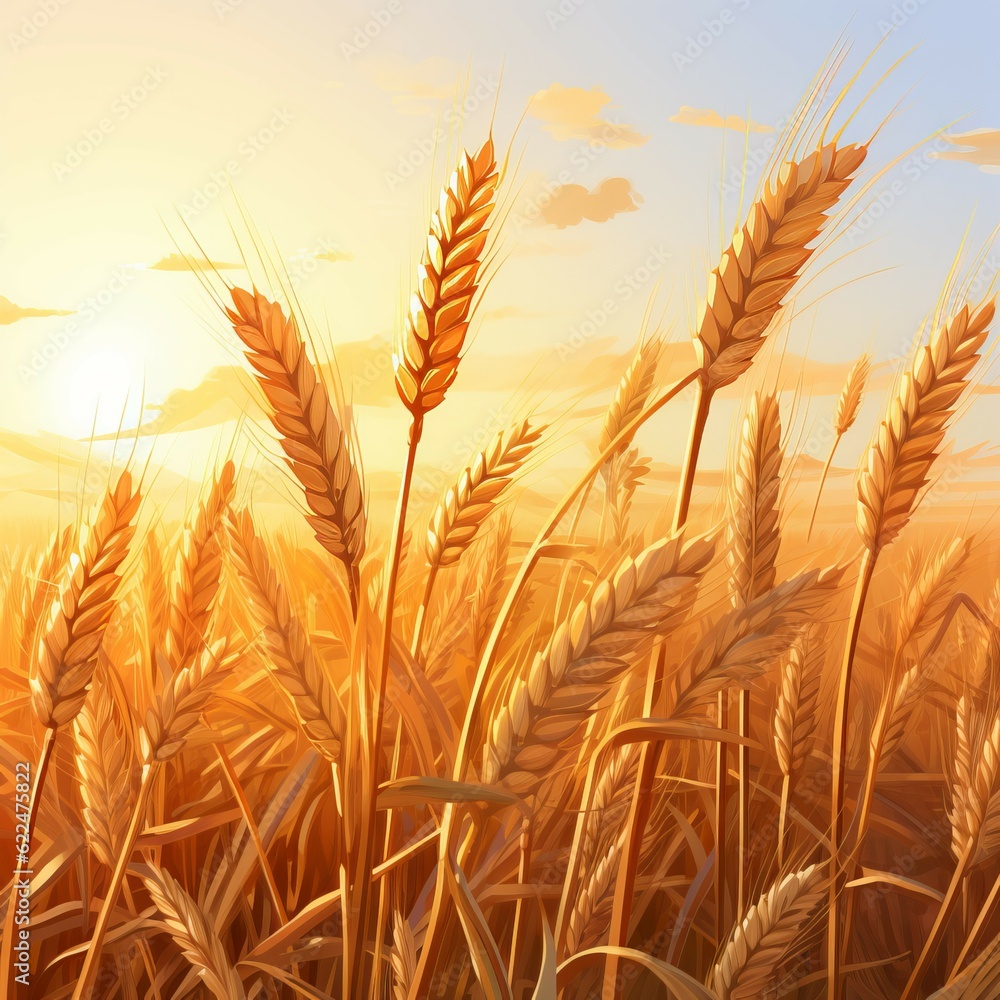 ภาพประกอบสต็อก Wheatfield during sunset illustration. Ears of golden ...