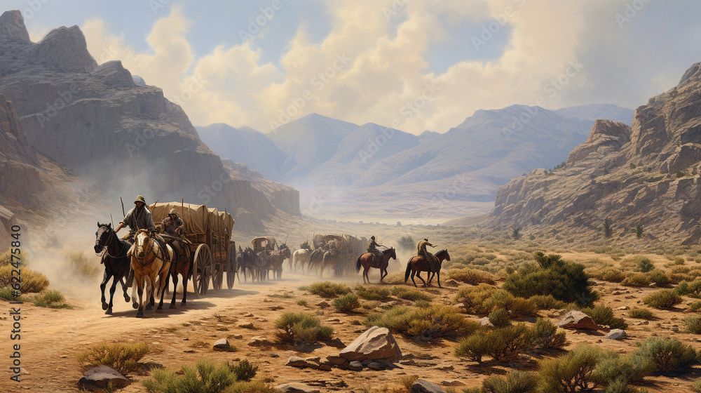 Illustration of a wagon train in the American west. Generative AI ...