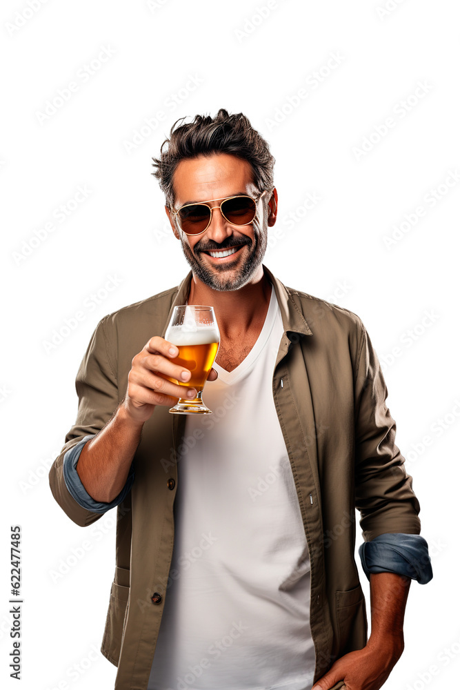 Attractive mature man holding beer pint on white transparent background ...