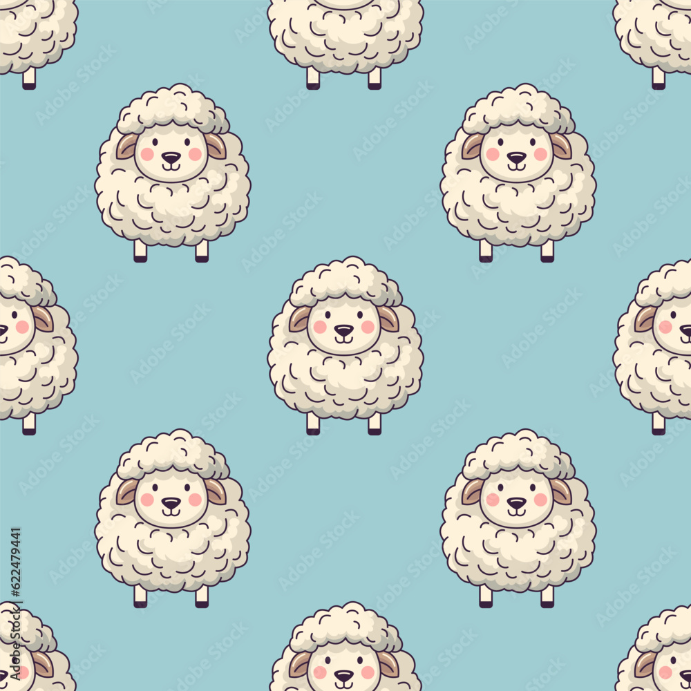 Vector Seamless Pattern with Funny Cute Sheep on Blue Background ...