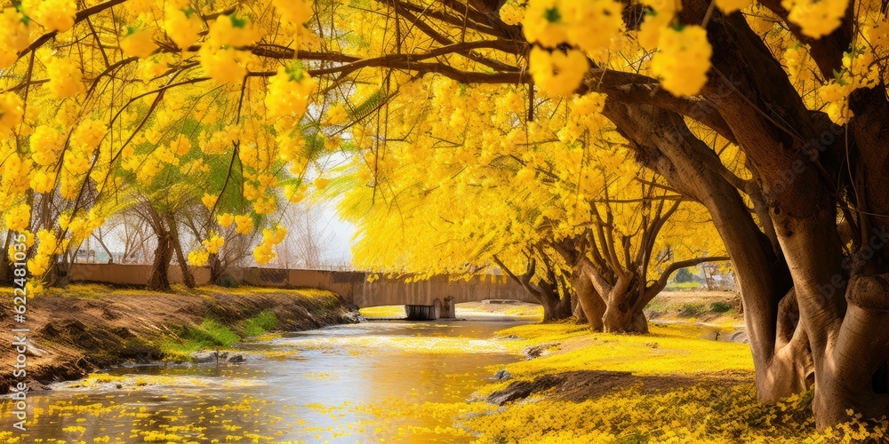 rural landscapes of Thailand, where golden shower trees (Cassia fistula) paint the scenery with ...