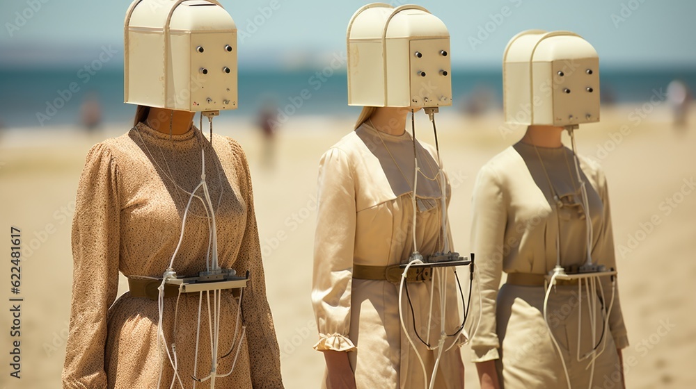 Three people wearing creepy robot masks on their heads on a beach ...