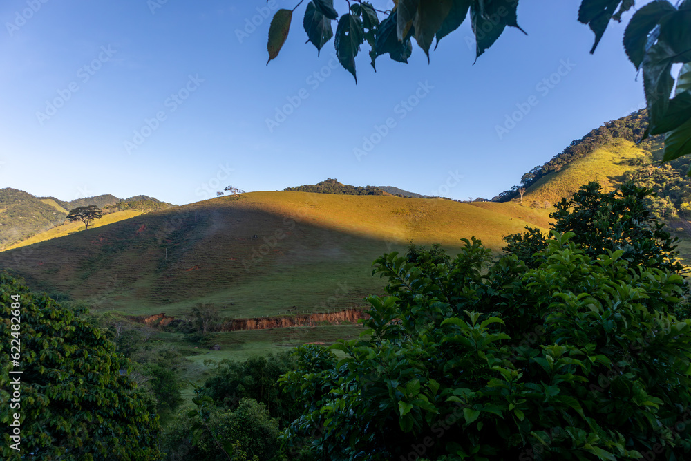 Panorama of mountainous terrain with forest and small houses. Panoramic ...