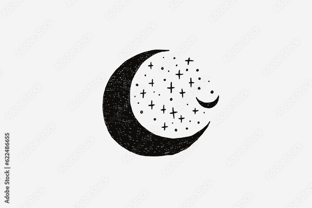 Doodle inspired Half moon, cartoon sticker, sketch, vector ...