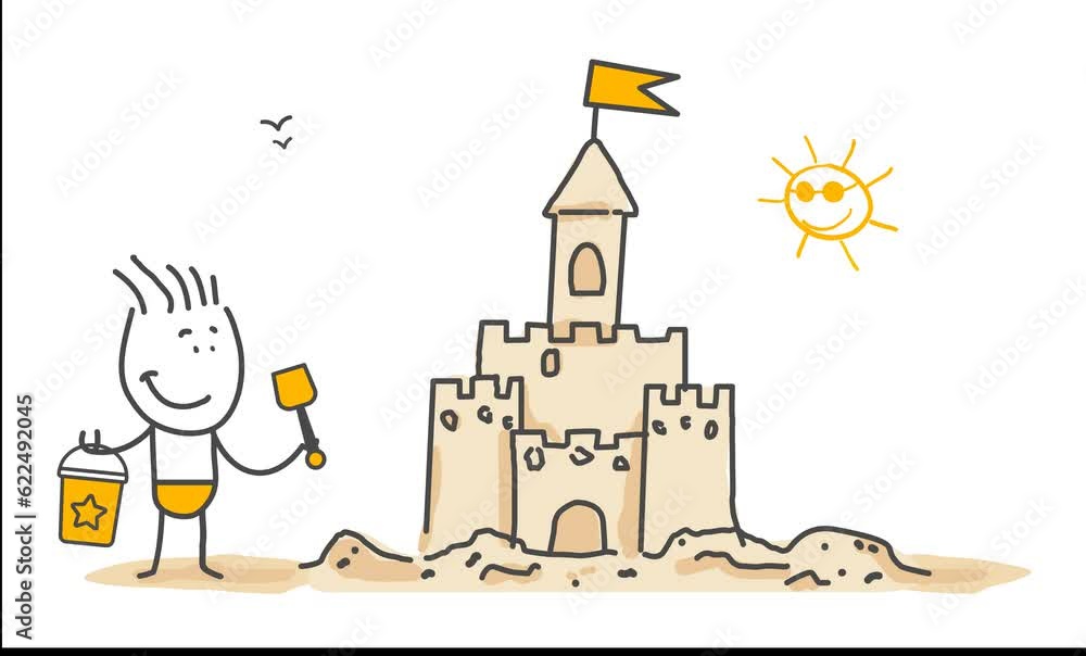 Summer sand castle animation. Stick figures. Hello summer. Sand castle ...