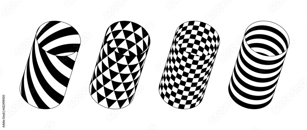 Collection of cylinder with different patterns. Striped and checkered ...