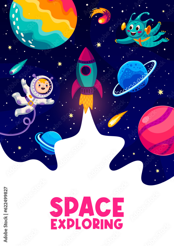Cartoon space flyer with astronaut, alien and starry galaxy, planets ...