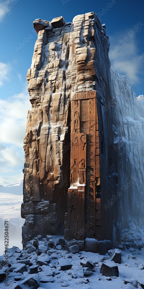 closeup rock carved out face grivet iron arc gate door texture snow ...