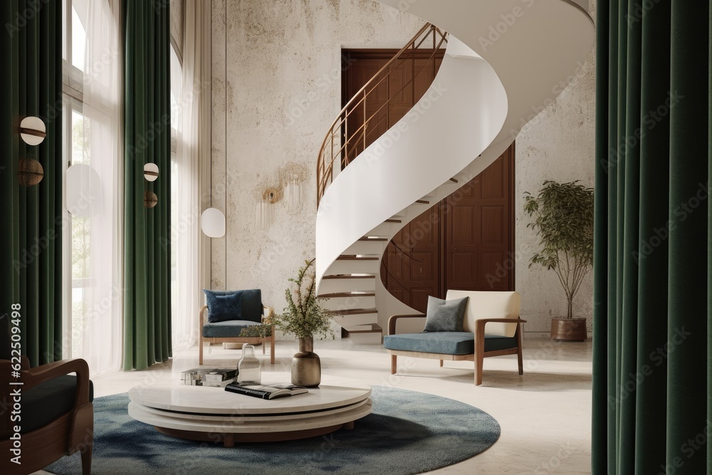 Spacious clean minimal organic modern interior foyer living room with ...