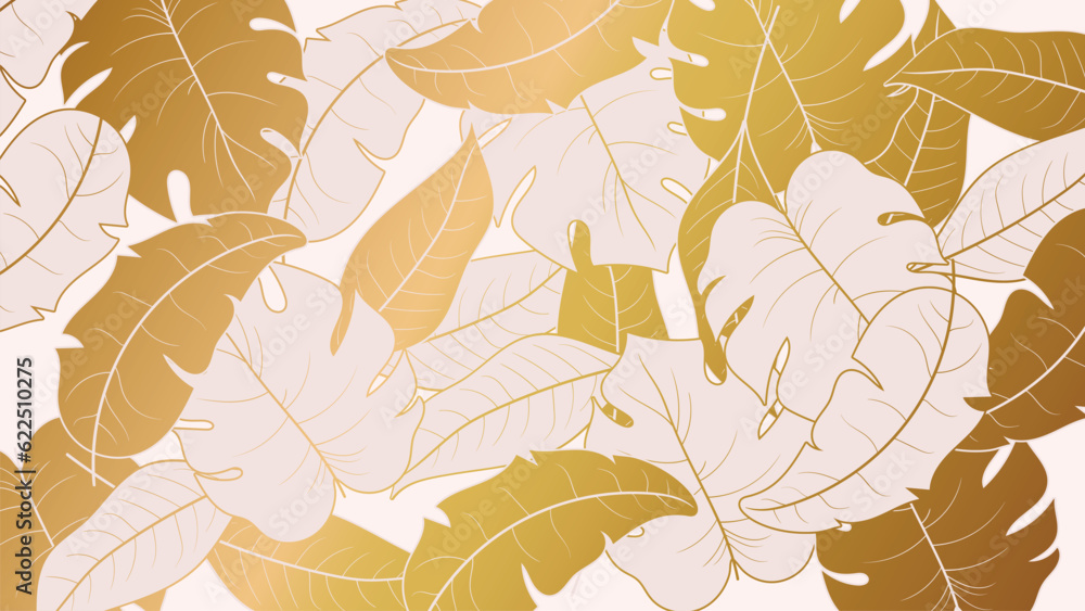 Abstract foliage gold texture vector background. Luxury leaf wallpaper of tropical leaves ...