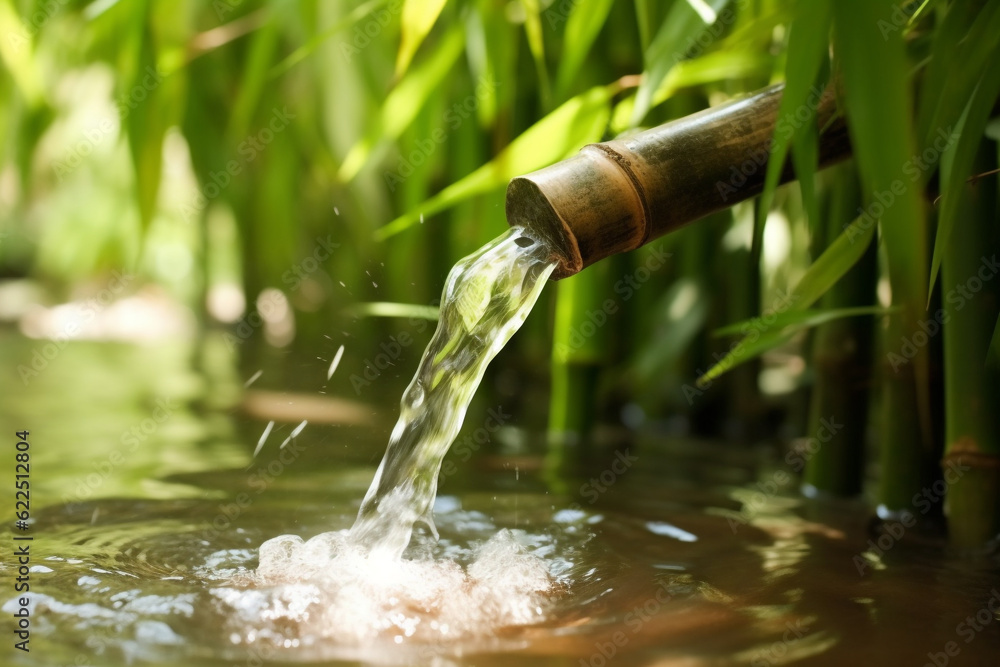 Fresh and strong stream water from bamboo tap, mountain spring water ...