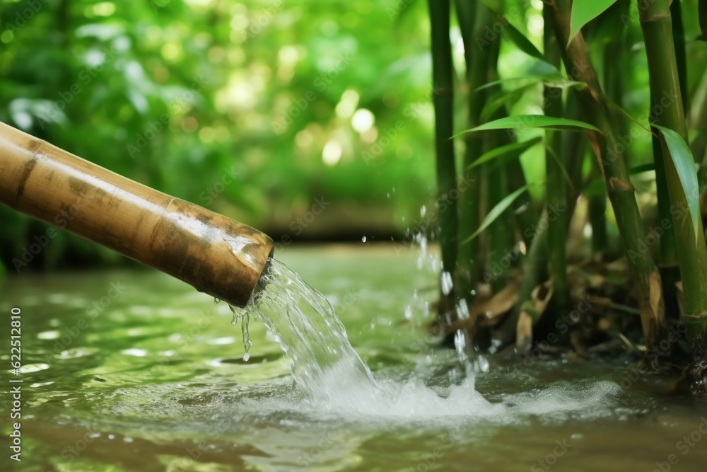 Fresh and strong stream water from bamboo tap, mountain spring water ...