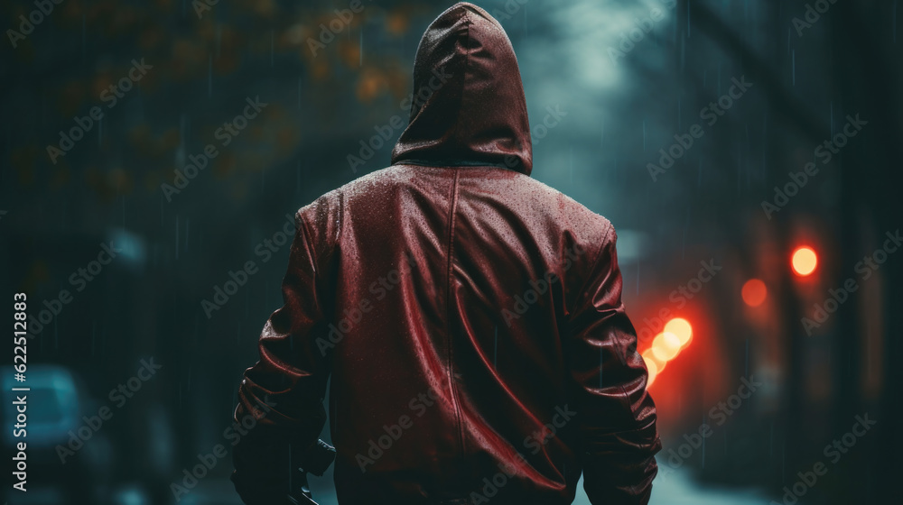 back view of a criminal with a cap and a leather jacket. crime concept ...