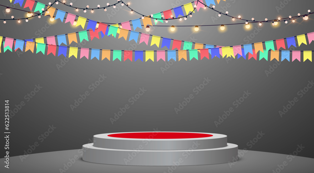 white stage and hanging light and colorful flags on truss system in the ...
