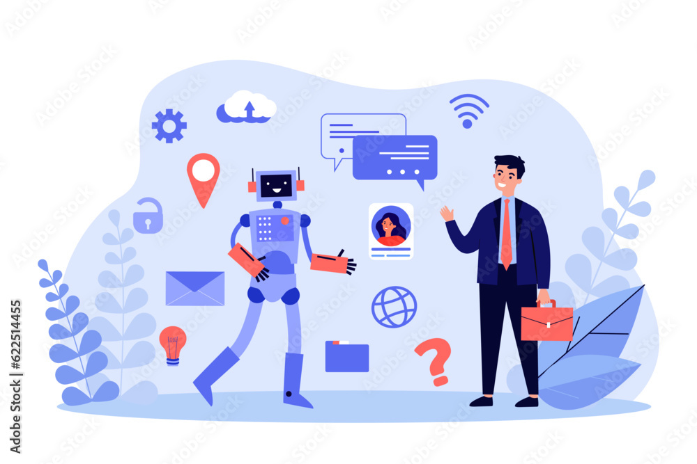 Póster Man asking robot for help vector illustration – Cuadro para ...