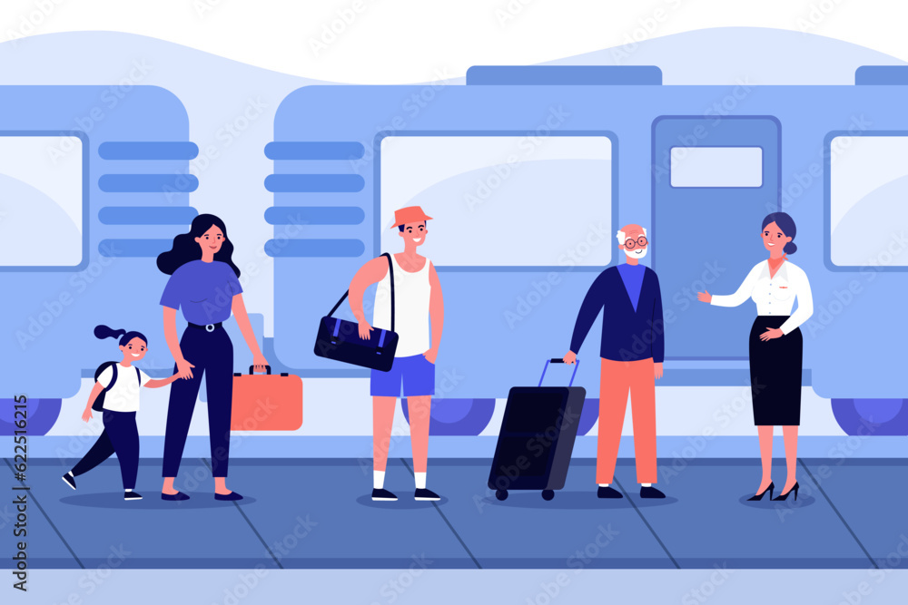 Happy family or travelers boarding train vector illustration. Cartoon ...