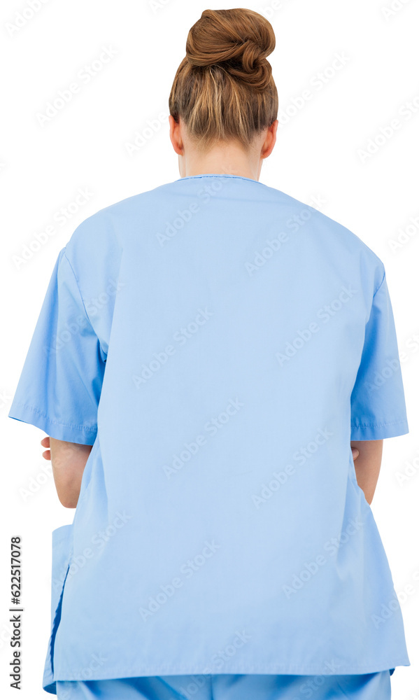 Digital png photo of rear view of caucasian female doctor in scrubs on ...
