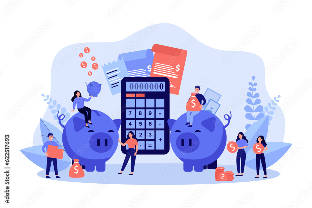 People with huge piggybanks managing savings vector illustration ...